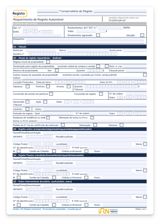 Requerimento de Registo Automóvel 2025 (modelo 2)